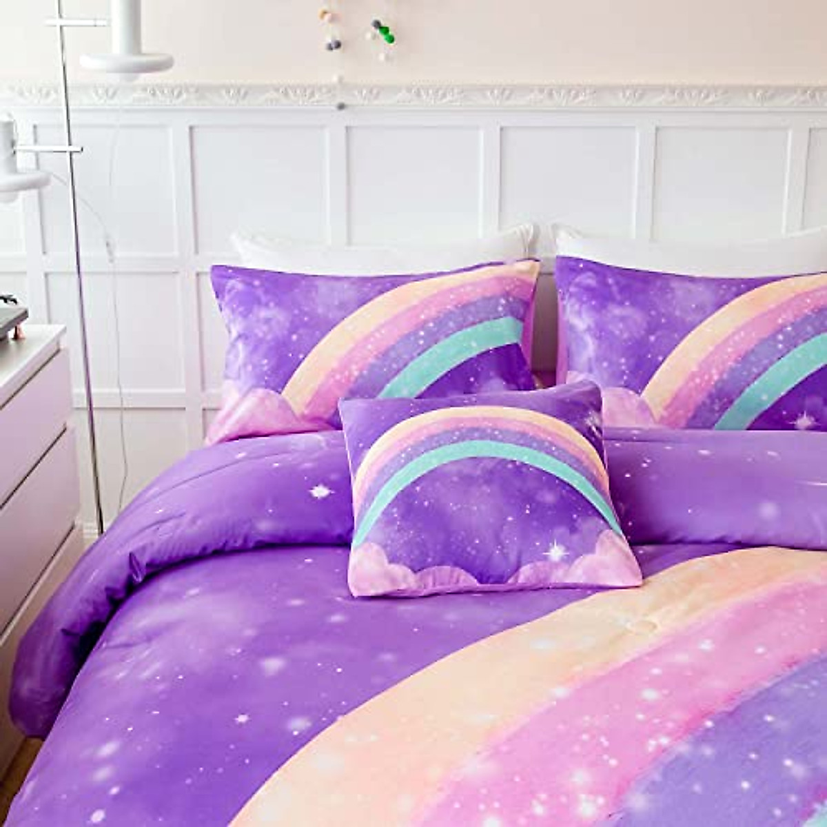 ANGIYUIN Purple Twin Bed in A Bag, 6 Pieces Rainbow Gradient Glitter Bedding Sets for Girls, 3D Galaxy Nebula Kids Comforter Set with Comforter Sheets Pillowcases for All Season