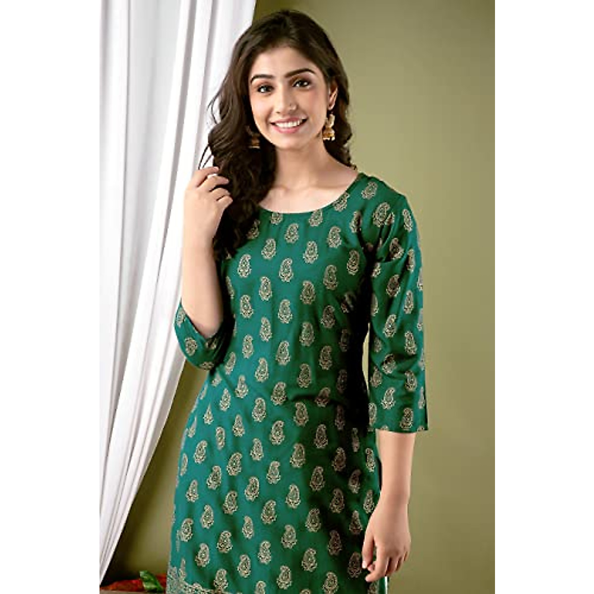 Chandrakala Women's Rayon Cotton Tunic Top 3/4th Sleeve Straight Kurti Kurta,X-Large,Bottle Green (K163BOT4)