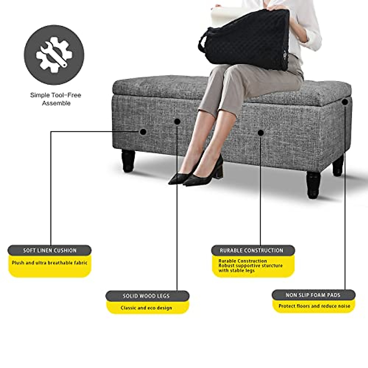 Storage Ottoman Bench, End of Bed Bench for Bedroom, Button Tufted Bench with Storage for Entryway, Living Room, Hallway, Large Storage Bench Foot Rest (Dark Grey)