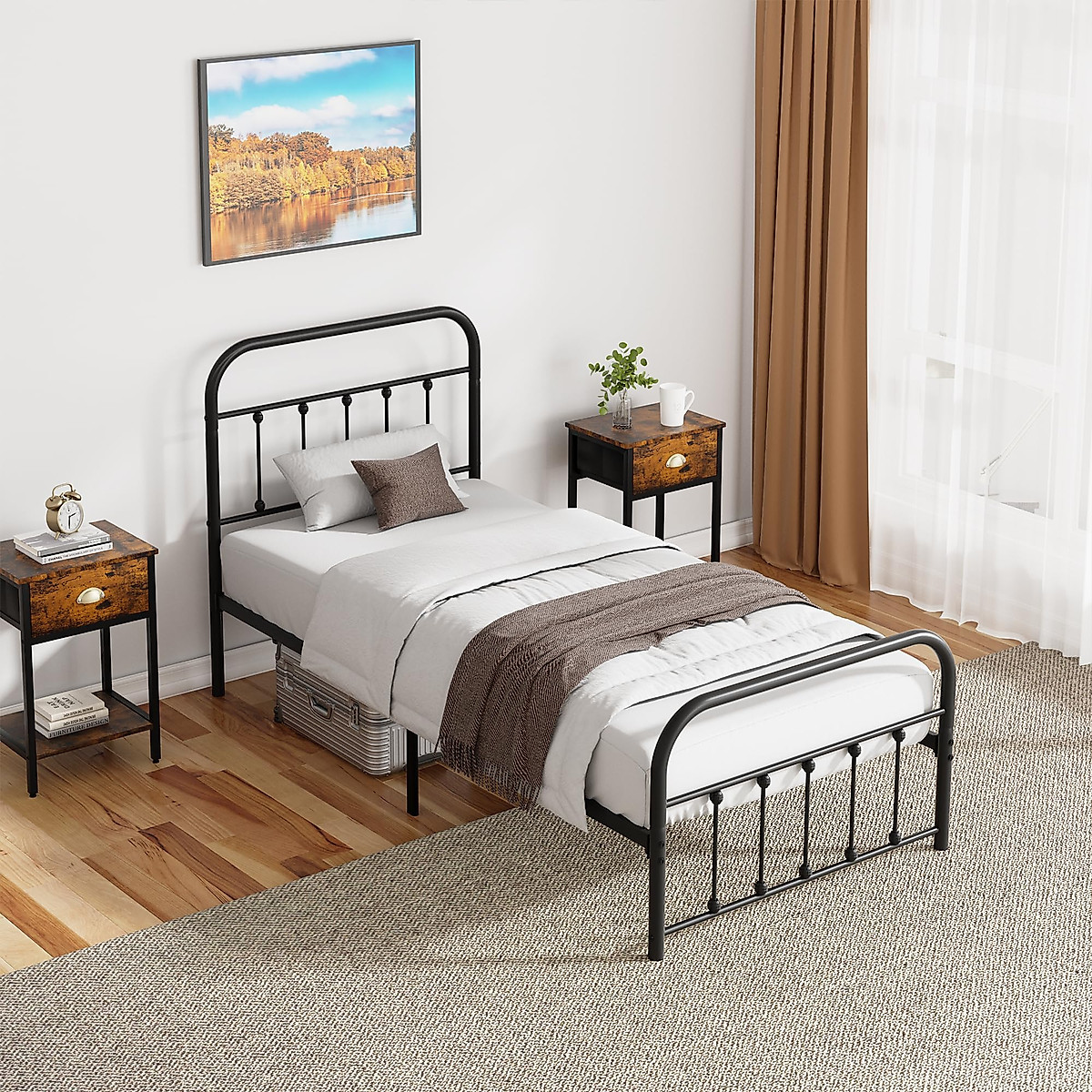 Walsunny Classic Metal Platform Bed Frame Mattress Foundation with Victorian Style Iron-Art Headboard/Footboard, Under Bed Storage, No Box Spring Needed, Twin Size