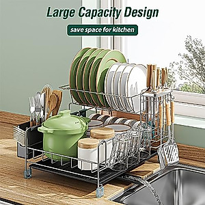 Youvip Dish Drying Rack for Kitchen Counter, 2 Tier Dish Racks with Drainboard Set, Dish Drainers with Utensil Holder, Cups Holder, Kinfe Block and Drying mat