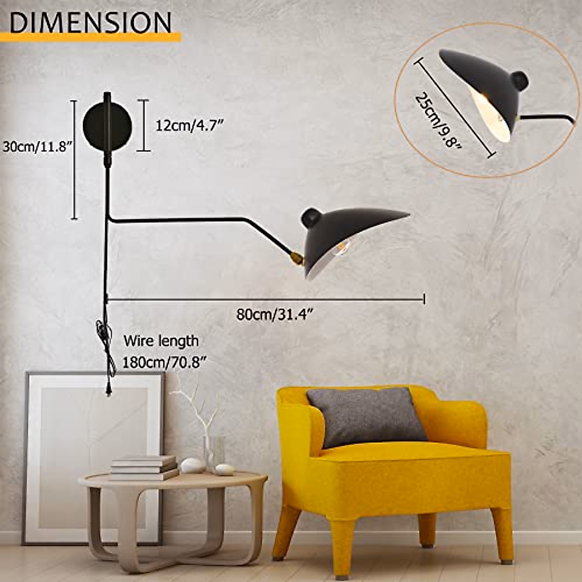 Modern Wall Sconce Plug in or Hardwired Adjustable Swing Arm Vintage Wall Lamp,Mid-Century Black Wall Lights Rotatable for Bedside Living Room,Brass and Black Finish (2 Pack) (1 Light)