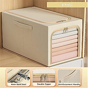 Clothes Storage Organizer Bins Containers, Waterproof Cotton Linen Steel Frame Storage Box, Stackable Storage Bins for Clothing Storage with Clear Window & Reinforced Handles, 1PC (31L, beige)