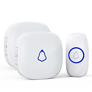 SECRUI Wireless Doorbell, Mini Door Bell with 58 Chimes 5 Volume Levels, 1 Waterproof Button 2 Plug in Receiver, White Doorbell with Led Blue light for Home/Classroom/Office