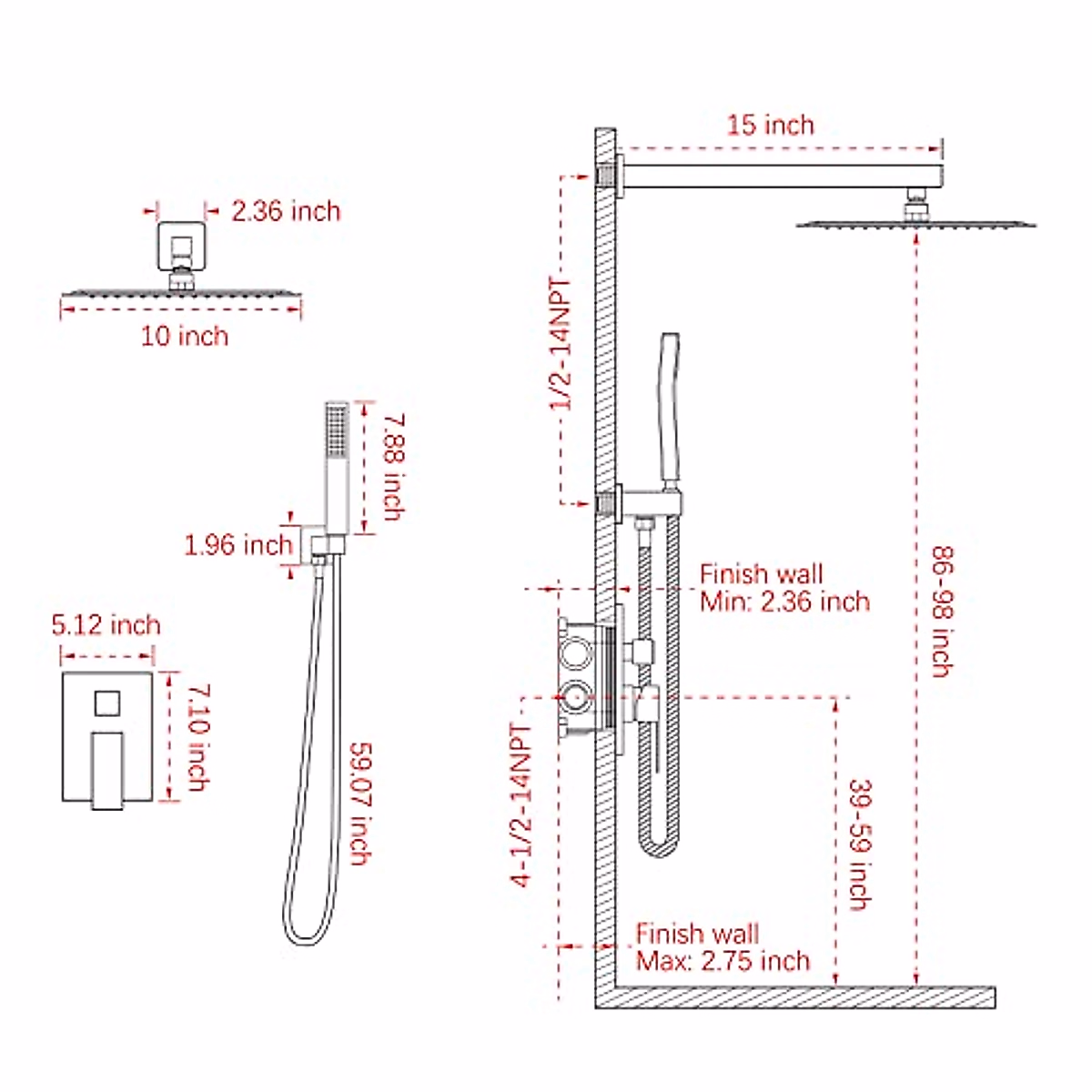 HEGII Shower System Combo Set,15 Inch Wall Mounted Shower Arm,10 inch Rainfall Shower Head System Shower Faucet Rough-in Valve Body and Trim Included,Matte Black