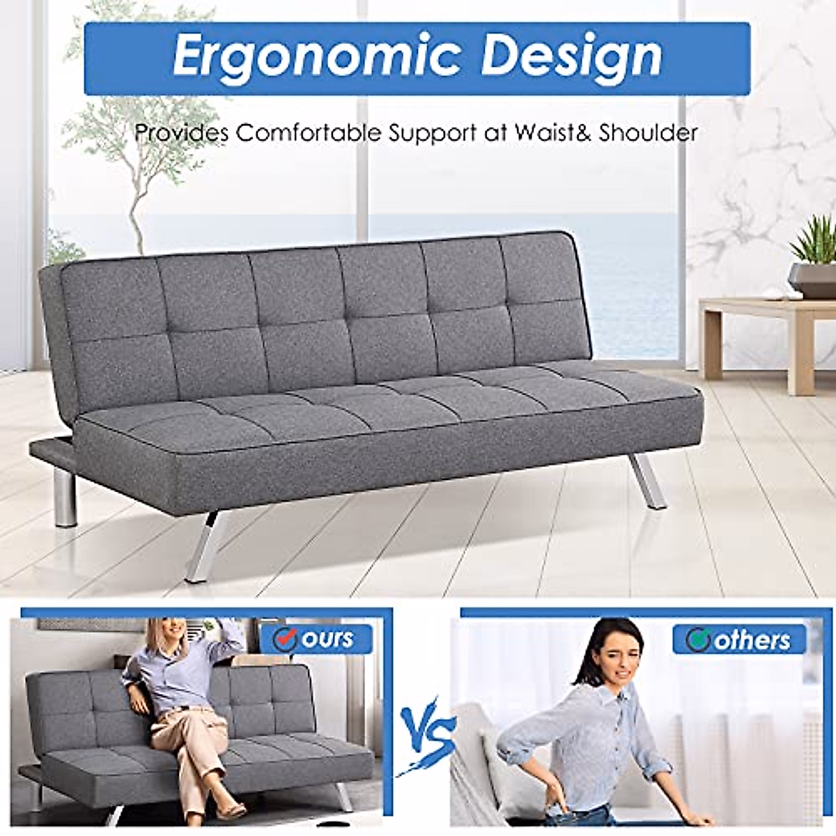 Giantex 3-Seat Convertible Sofa Bed, Sofa Bed w/ 3 Adjustable Angles, Line Fabric & High-Density Sponge, Durable Wood Frame &Sturdy Stainless-Steel Feet, Suitable for Living Room, Bedroom
