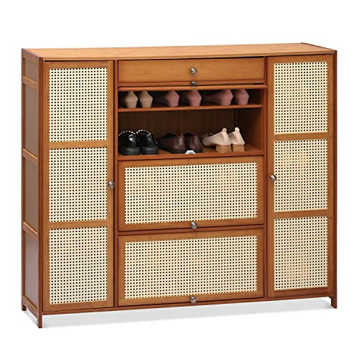 MoNiBloom Rattan Shoe Cabinet with 3 Drawers Rattan Pattern Free Standing Shoe, Shelf Storage Rack with Flip Doors & Drawer for 28-32 Pairs for Living Room, Entryway and Hallway, Brown