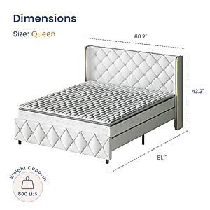 HOMBCK Queen Size Bed Frame with Diamond Headboard, White Upholstered Platform Queen Bed Frame Faux Leather with Gold Wingback, Strong Wood Slat Support, Easy Assembly, White