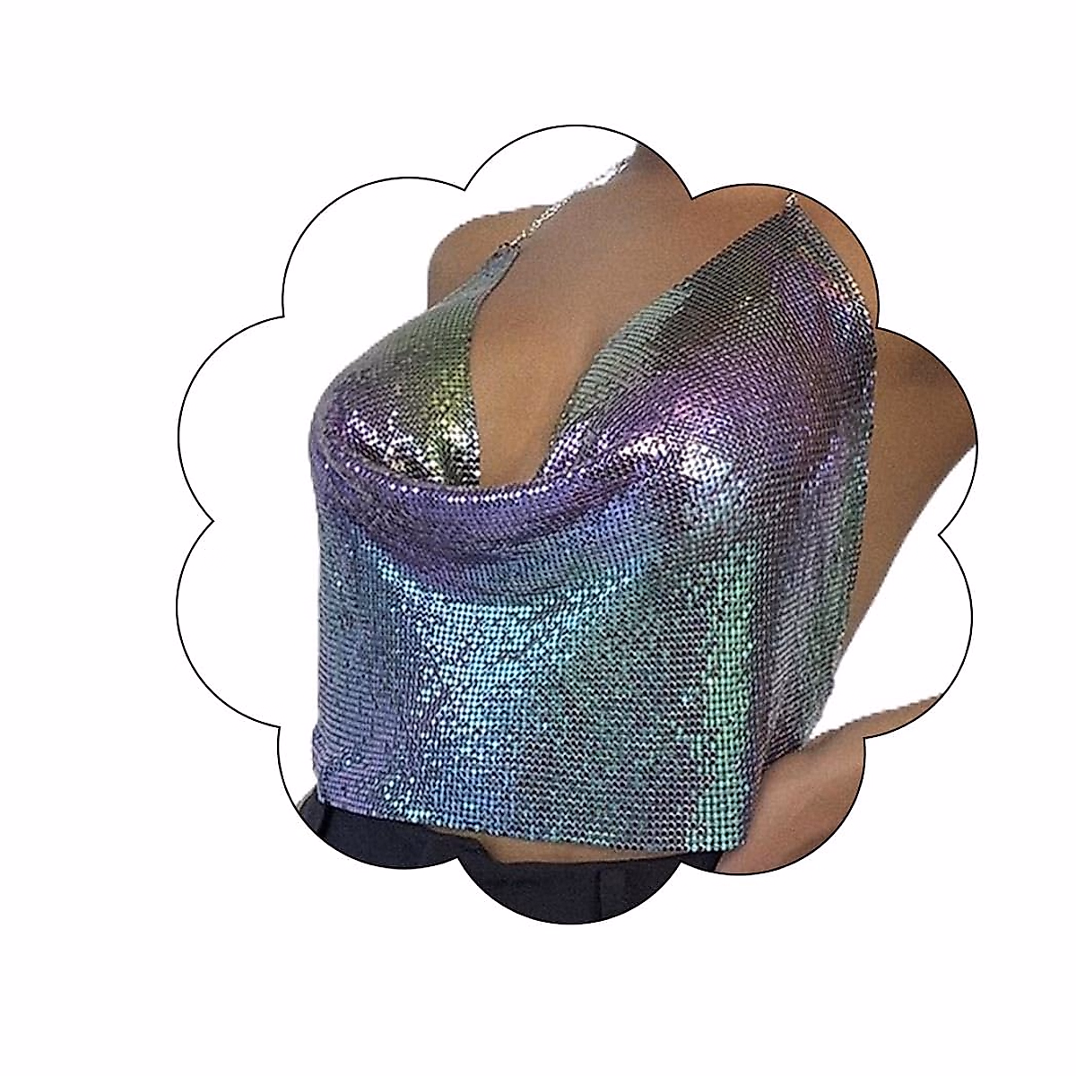 Foyte Boho Shiny Sequins Body Chain Top Deep V Neck Bra Body Jewelry Bikini Crop Top Shirt Waist Chains Nightclub Party Body Jewelry Accessory for Women