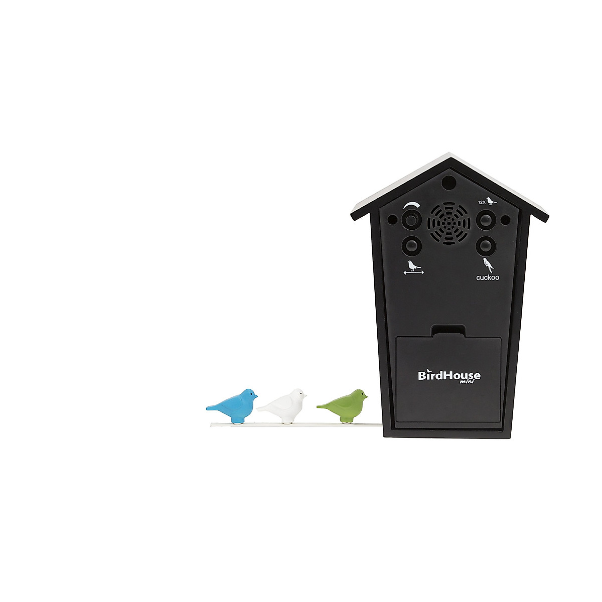 KOOKOO BirdHouse mini black, tiny modern cuckoo clock with 12 natural bird songs or cuckoo call