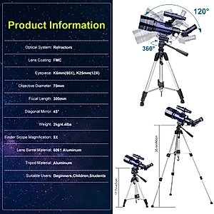 Telescope for Beginners, 300/70mm Astronomy Monocular Telescopes with Phone Adapter, Camera Wire Shutter, Moon Filter and Backpack, Adjustable Tripod