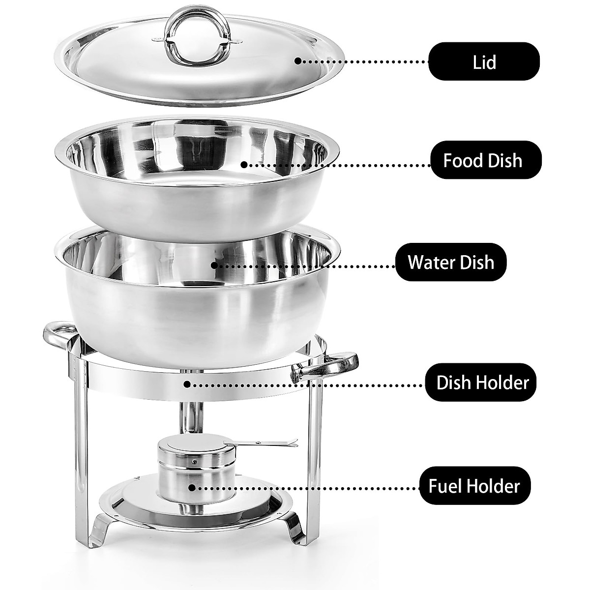 Fasmov 5 Qt Stainless Steel Chafing Dish Buffet Set, Round Catering Warmer Set w/Food and Water Trays, Lid, Fuel Holder, Chafers and Buffet Warmers Sets for Parties, Events, Wedding, Camping, Dinner