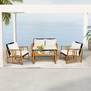 Tangkula 4 Pieces Patio Sofa Set, Outdoor Mix Brown Rattan Conversation Set with Acacia Wood Frame, Cozy Seat & Back Cushions, All-Weather PE Wicker Chair & Table Set for Porch, Poolside (Off White)