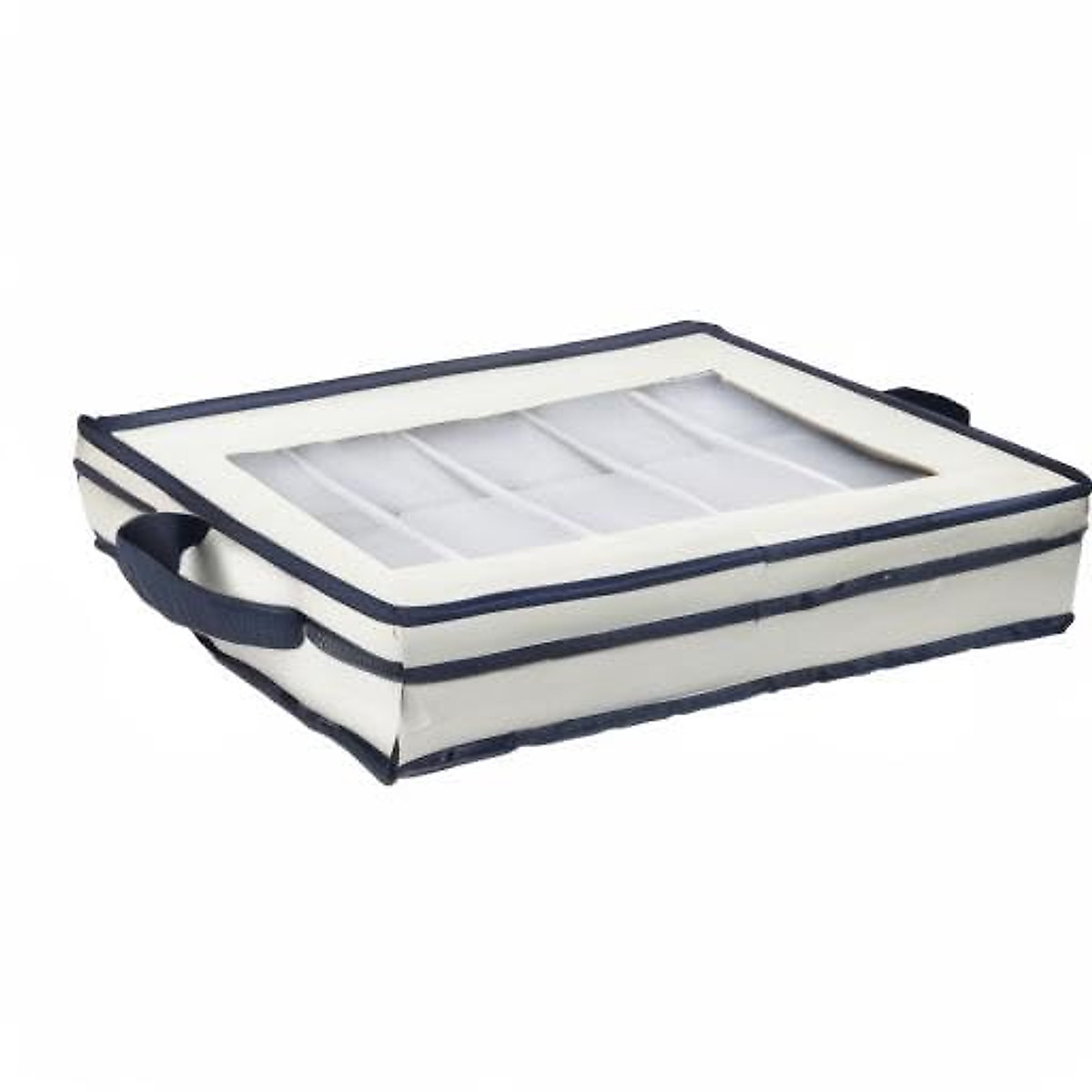 Chapman & Grand Flatware Storage Chest with Lid for Utensils, Silverware, Flatware – Securely Sewn Dividers with Large Capacity (Light Beige-Navy)