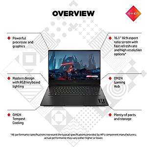 HP Omen 16 2023 Gaming Laptop 16.1" WQHD IPS 165Hz 14-Core Intel i9-12900H 32GB DDR5 1TB SSD NVIDIA GeForce RTX 3060 6GB GDDR6 Thunderbolt 4 Wi-Fi 6E RGB Backlit KB Windows 11 Pro w/ONT 32GB USB