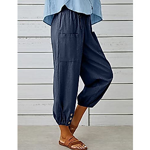 Acesulu Summer Linen High Waist Yoga Pants Drawstring Wide Leg Cropped Pants Trousers with Pockets for Women (0099-NavyBlue-XL)
