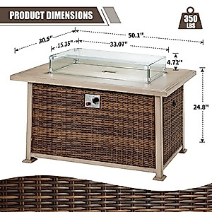 GYUTEI 50 in Propane Fire Pit Table,Rattan Fire Pit Table with Glass Wind Guard,50,000 BTU Gas Firepits for Outside ,CSA Certification and Aluminum Tabletop for Garden Patio Lawn(Brown)