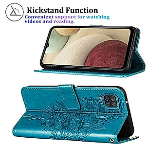 A12 Phone Case Wallet,for Galaxy A12 Case,[Kickstand][Wrist Strap][Card Holder Slots] Butterfly Floral Embossed PU Leather Flip Protective Cover for Samsung A12 Case (Blue)