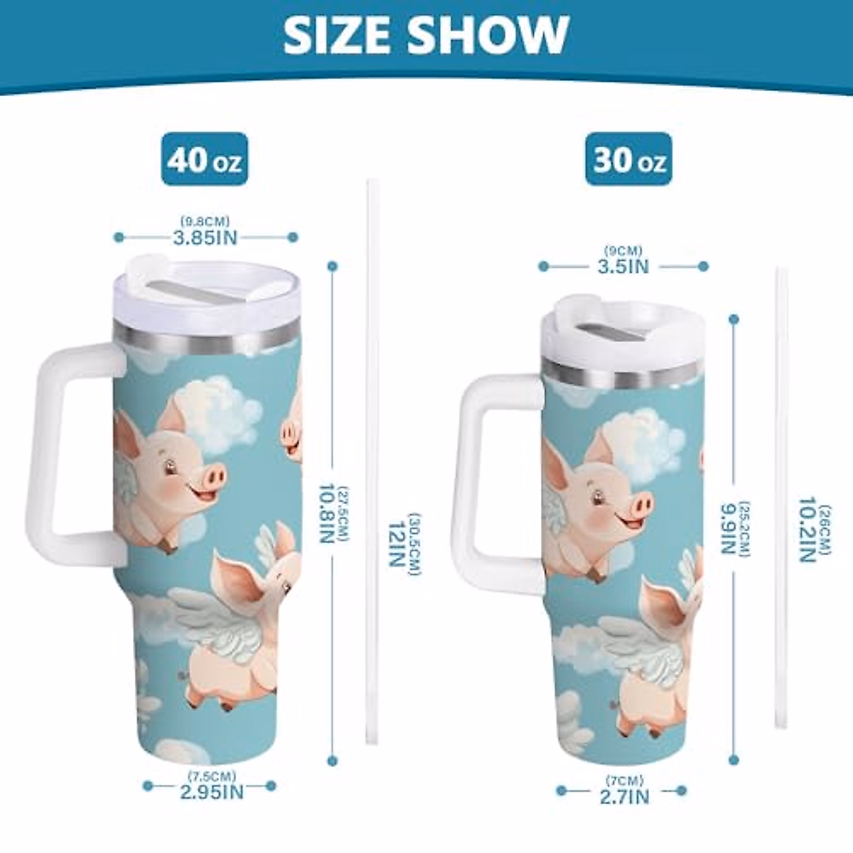 Wusikd Flying Piglets Tumbler Handle Lid and Straw Cute Water Bottle Stainless Steel Coffee Travel Tumbler Mug Cup Gifts for Men Women 30oz