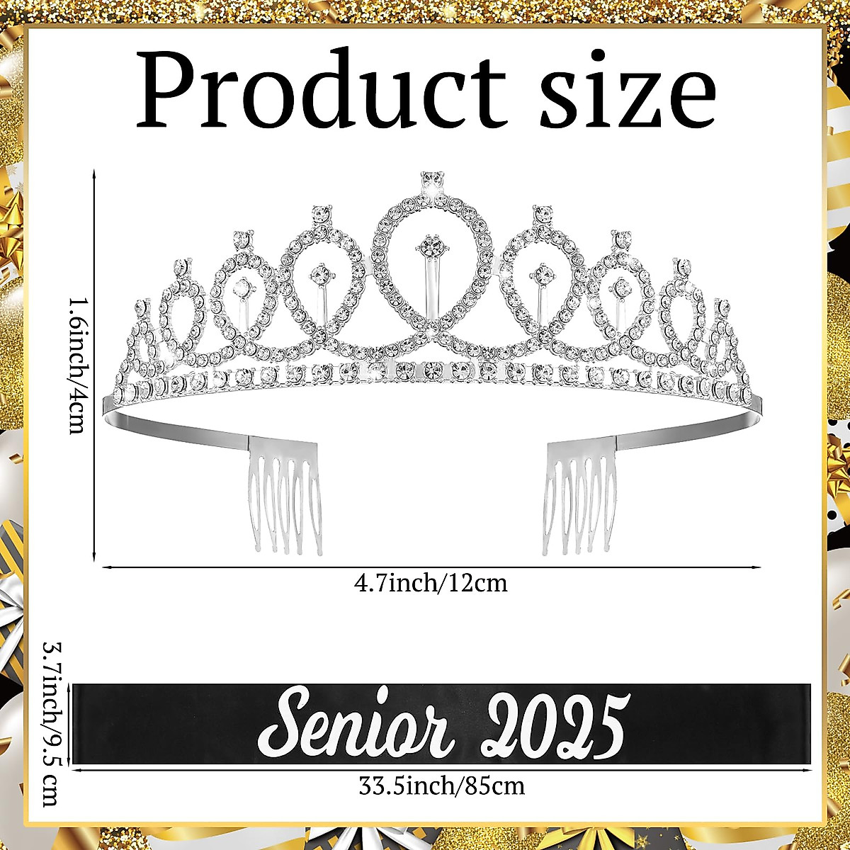 Landical Halloween Senior 2025 Sash and Crown Set Black Senior Sash with White Glitter Letters Silver Crown Tiaras Cheerleader 2025 Graduation Party Supplies for Halloween Gifts Grad Decor