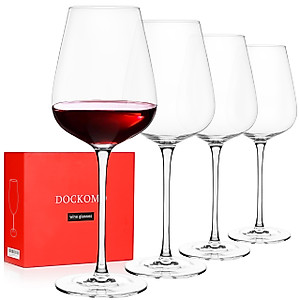 DOCKOMO Red Wine Glasses Set of 4, Hand Blown Crystal Bordeaux Lead-Free Clear Glass, Wedding, Anniversary, Birthday, Christmas Gift, 18 Ounce