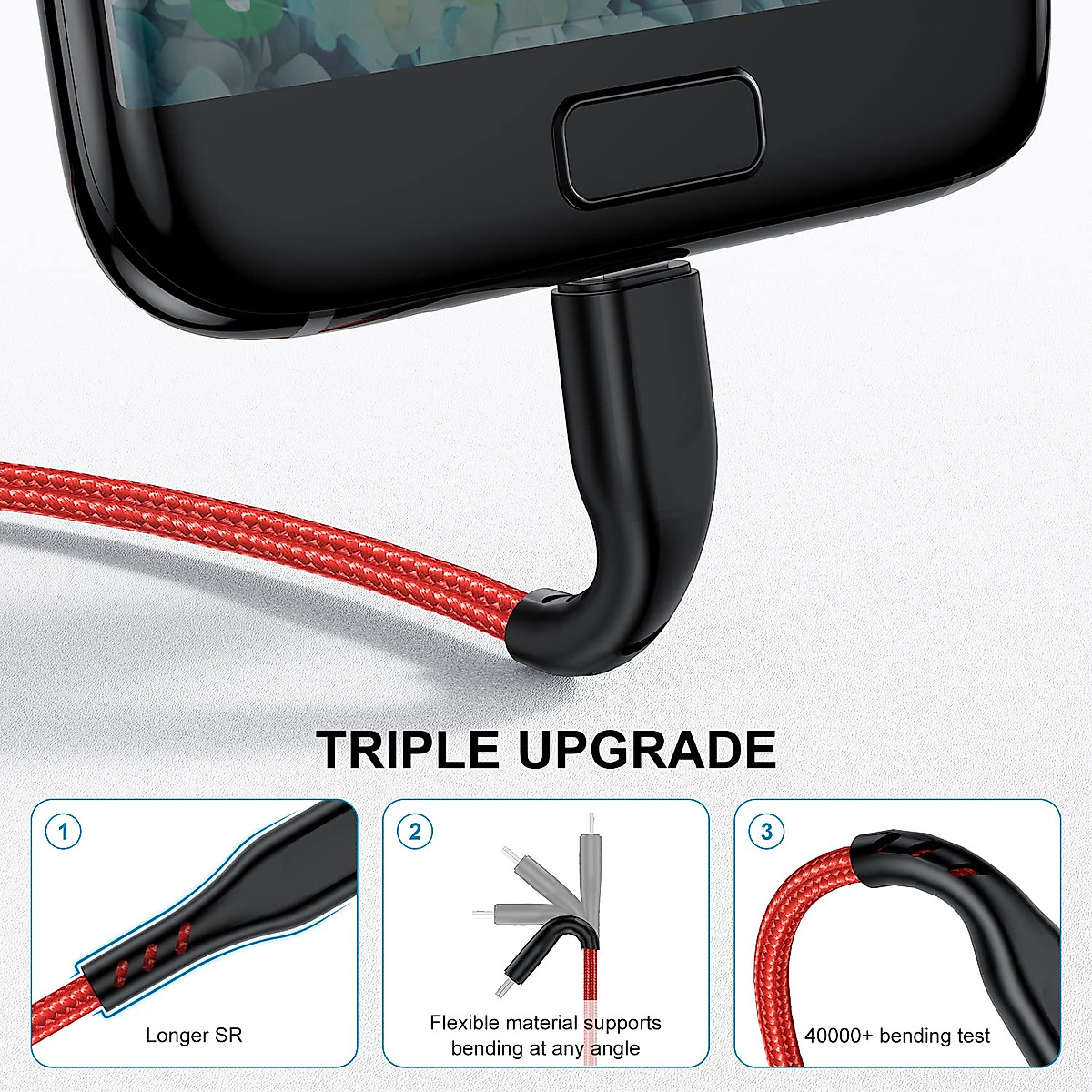 Kithumi Micro USB Cable 10Ft 3 Pack, 10 Feet Long Android Charger Cable, Durable Premium Nylon Braided Fast 10 Foot Phone Charger Cord for Samsung Galaxy S7 S6 S7 S5,Note 5 (Red)