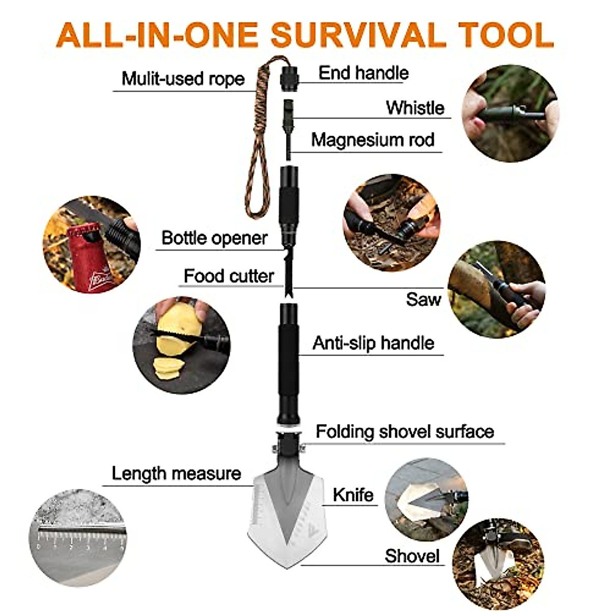 FiveJoy Survival Shovel Multitool (C1) - Portable Collapsible Tactical Tool - Entrenching Backpack Equipment for Hiking Camping Emergency Car - Gifts for Men Dad Husband