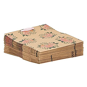 24 Pack Reusable Kraft Paper Floral Gift Bags with Pink Ribbon Handles for Party Favors, Mothers Day, Weddings, Birthday Celebration, Baby Shower, 2 Designs (9 x 8 In)