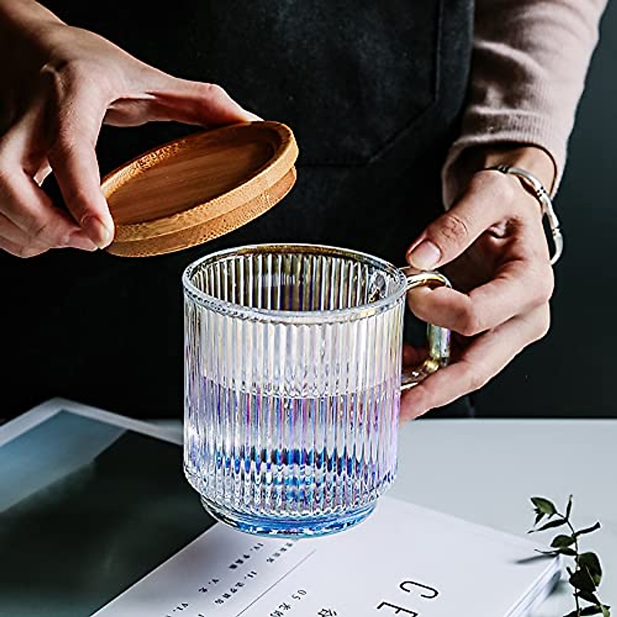 Yalucky Clear Iridescent Coffee Mug with Lid and Sakura Spoon Tea Cups Glass Mugs Pretty Cute Mug for Milk Latte Chocolate Juice Water for Women Men Birthday Christmas (white)