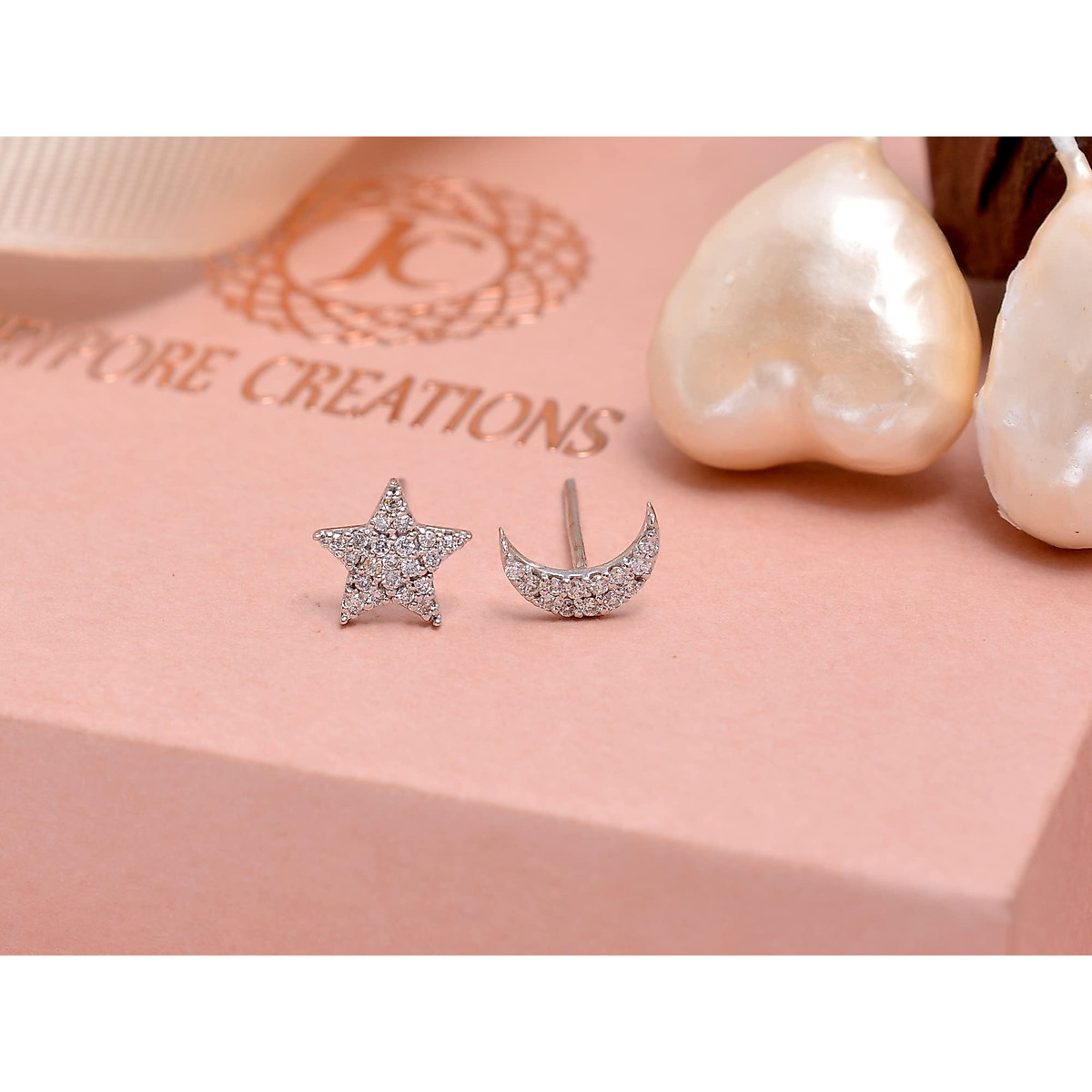 Certified 14K Solid Gold Star Moon Stud Earrings 0.13 Carat Natural Brilliant Cut Diamonds (G-H Color, SI1-SI2 Clarity) Fine Jewelry for Women Gifts for her