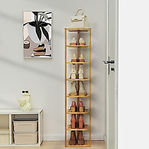 MoNiBloom 8 Tier Shoe Rack, Bamboo Narrow Vertical Single Pairs Shoe Storage Space Saving Tall Shoe Organizer for Small Spaces Corner Bedroom Entryway Balcony, Natural
