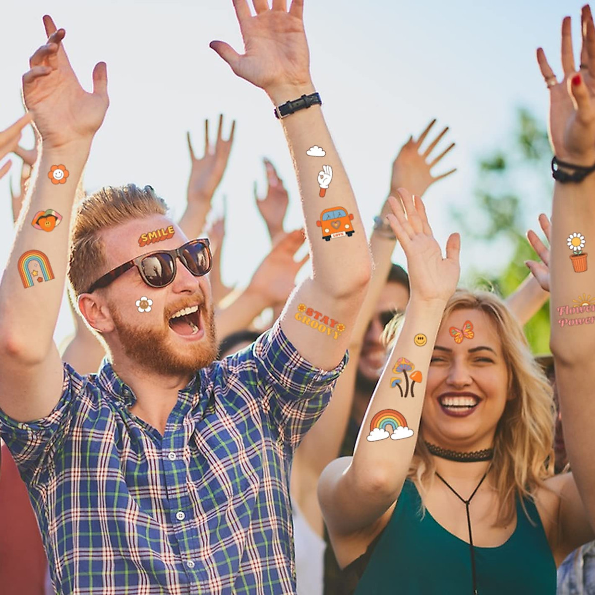 75Pcs Groovy 70s Temporary Tattoos for Kids, Hippie Tattoo Stickers, Birthday Party Favors Decorations Supplies for Boys Girls, Flower Power Good Vibes Smile Love Rainbow Arts and Crafts