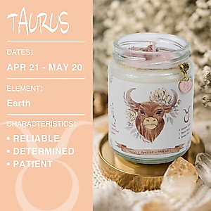 ZINCGE Taurus Gifts, Zodiac Crystal Candle, Birthday Candle Gifts for Women, Astrology Gifts for Mom Wife Sister, Gift for Her Pear and Freesia Scented Candle with Pink Crystals