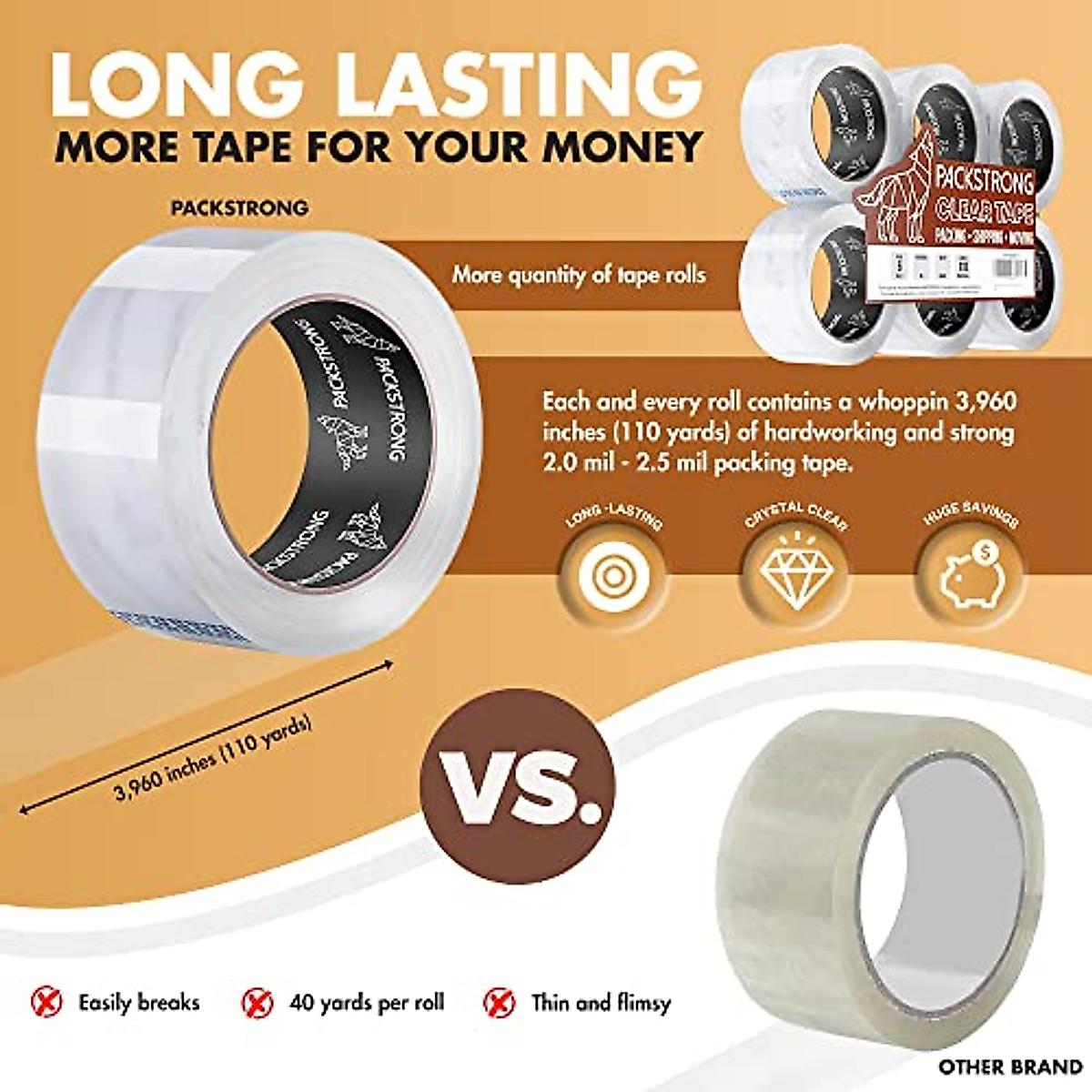 Packstrong Industrial Grade Clear Packing Tape (6 Rolls) - 110 Yards per Roll - 3" Wide x 2.0 mil Thick, Acrylic Adhesive Heavy Duty Tape for Box Office Moving Packaging Shipping