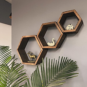 hadaaya Hexagon Shaped Floating Wooden Shelf - Set of 3 for Home Décor