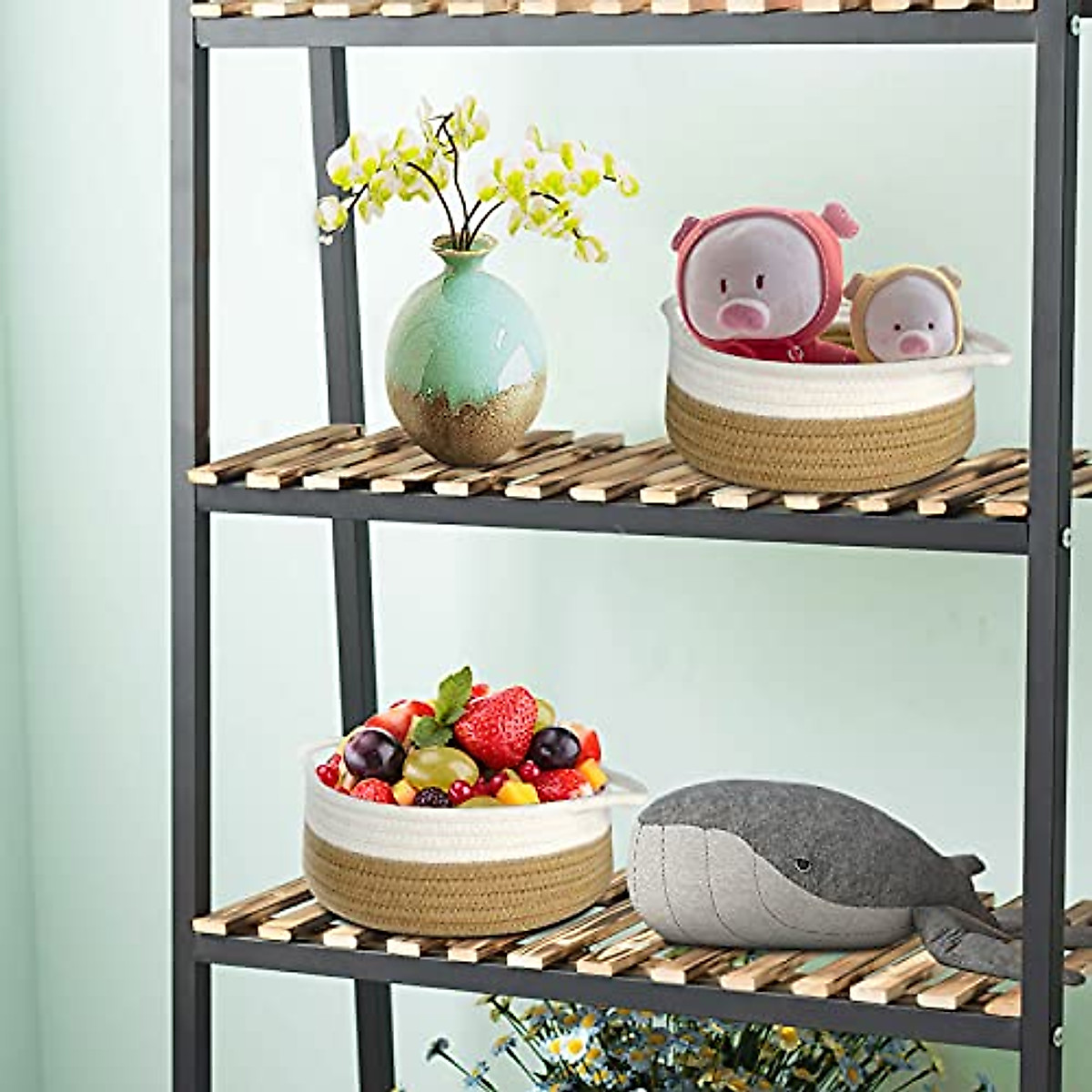 Voil mart Cotton Rope Basket Set of 5,Rope Basket with Handles,Woven Storage Basket,White and Jute Decorative Toy Baskets Setfor Baby Nursery toys, Remote, Controls, Phone, Stationary, Makeup