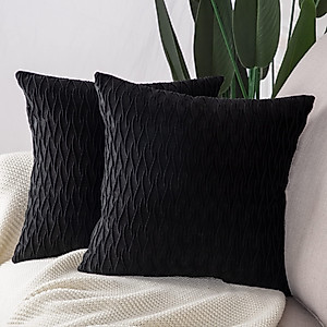 MADIZZ Set of 2 Super Soft Velvet Decorative Throw Pillow Covers 18x18 inch Black Square with Texture Luxury Style Cushion Case Pillow Shell for Sofa Bedroom