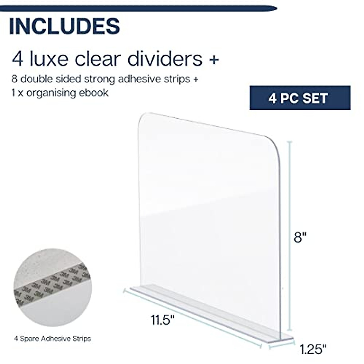 4PC Shelf Divider, with Spare Adhesives, Adjustable Closet Organisation, Multi-Purpose Shelf Separator for Bedroom, Closet, Pantry, Linen, Kitchen, Office, Bookshelf,