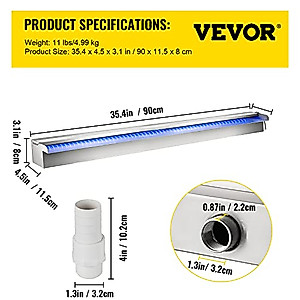 VEVOR Pool Fountain Stainless Steel Pool Waterfall 35.4" x 4.5" x 3.1"(W x D x H) with LED Strip Light Waterfall Spillway with Pipe Connector Rectangular Garden Outdoor
