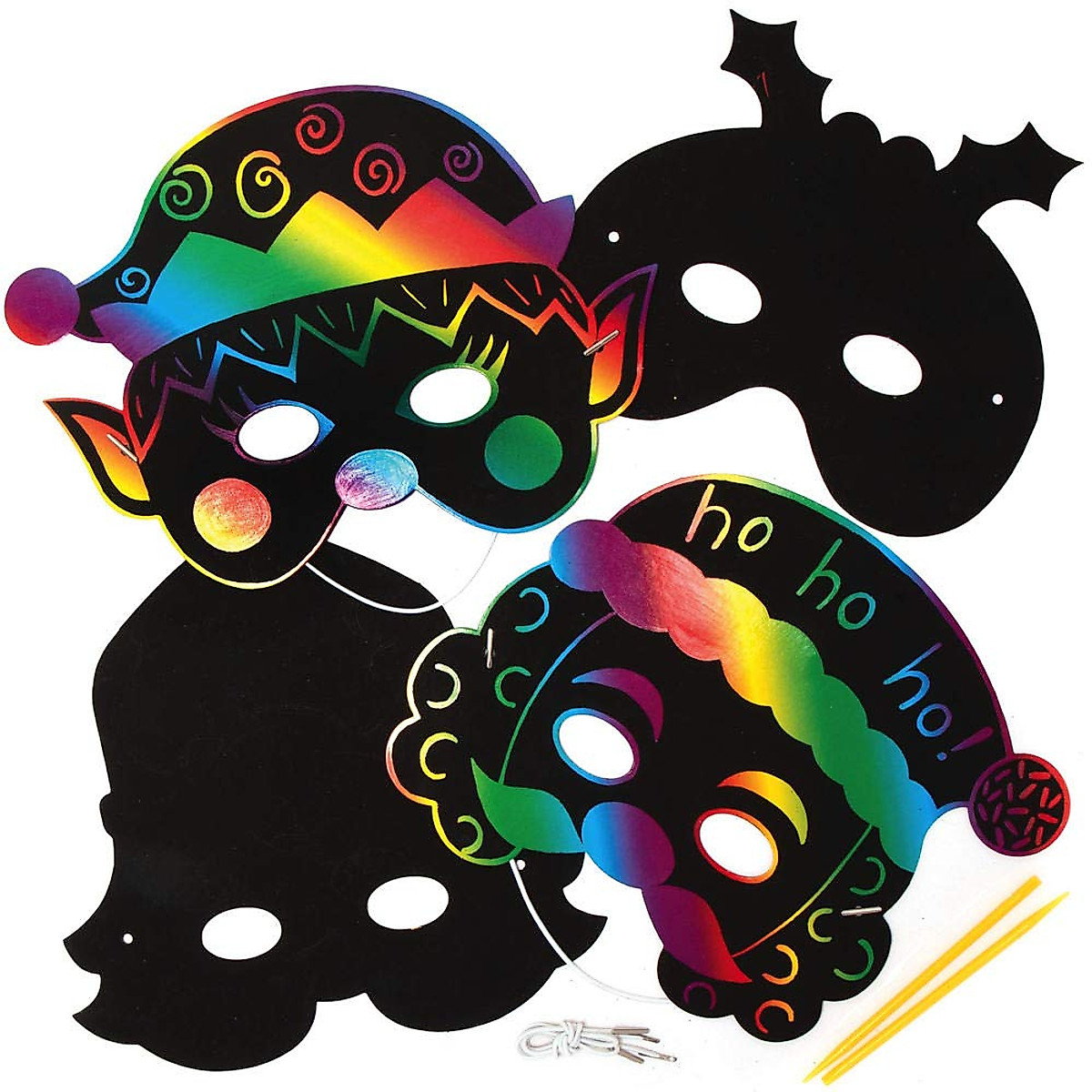 Baker Ross AX561 Christmas Scratch Art Masks for Dress Up Play - Pack of 8, Magic Scratch Art and Craft Kits for Kids Xmas Eve Activities