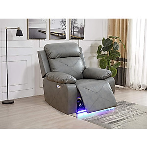 Caberryne Power Recliner Sofa Set with LED Lights，Leather Reclining Chair with USB Port for Living Room Furniture Set,Leather Recliner Chair for House/Home Theater(Chair 1 Piece，Grey)