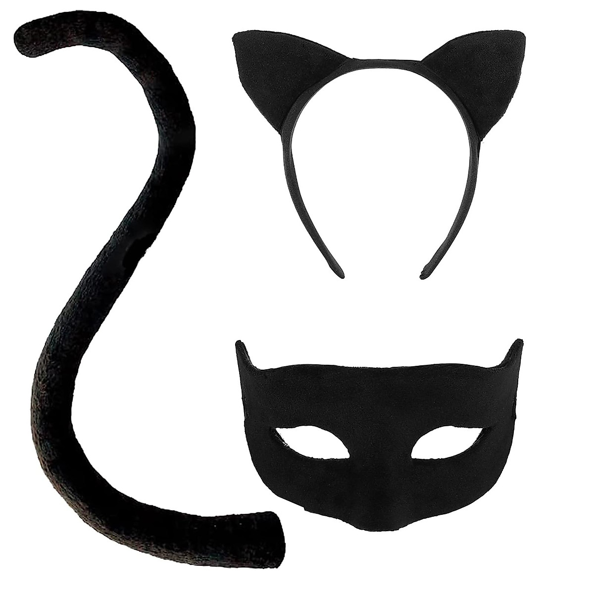 Halloween Black Cat Costume Set for Women, Cat Ear Headband Tail with Black Cat Mask Masquerade Halloween Cat Costume Accessory