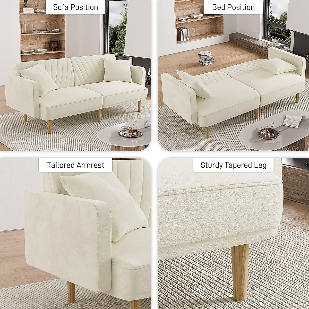 OUYESSIR Futon Sofa Bed, 75.3", Couch, Small Sofa, Sleeper Sofa, Loveseat, Mid Century Modern Velvet Futon Couch with 2 Pillows for Living Room (Beige White Velvet, Futon)