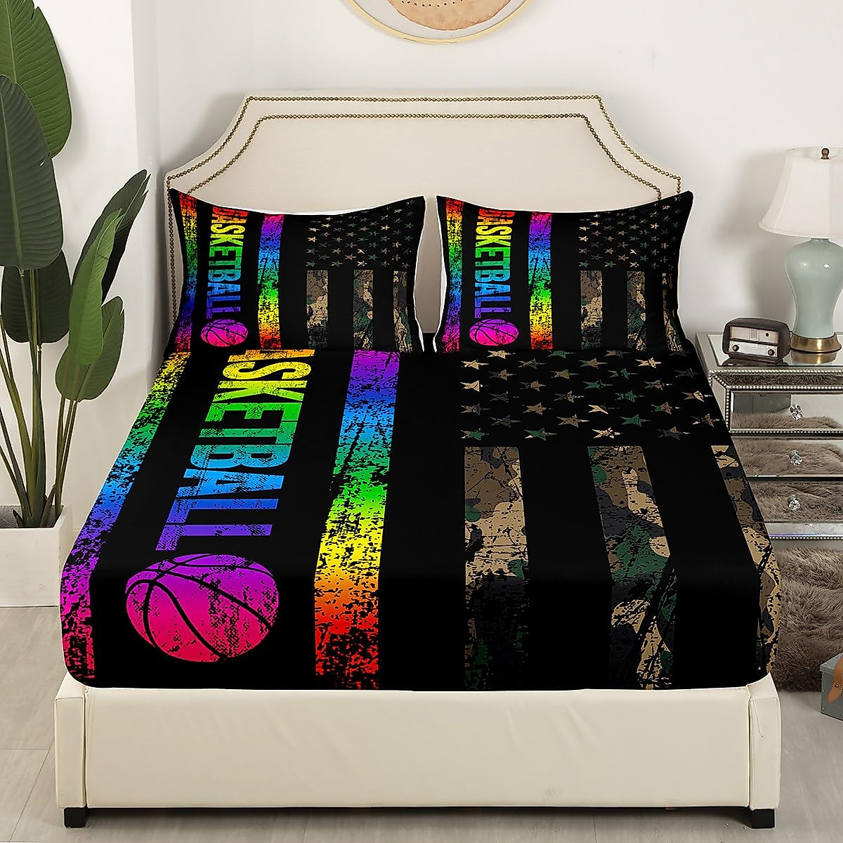 Basketball Boys Bedding Set Twin Size,Ball Sports Games Rainbow Stripes Fitted Sheet for Kids Boys Bedroom,Green Camo Stars American Flag Microfiber Soft Bed Cover,1 Pillow Case