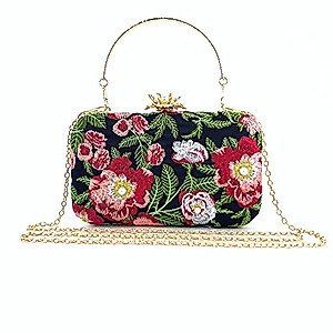 7.8'' Evening Clutch Bag with Removable Chain and Hand Hoop Vintage Handmade Embroidery Floral Handbag Purse for Women
