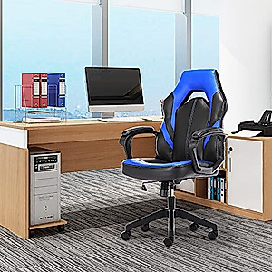 HOMEFLA Office Ergonomic Computer Gaming Desk Bonded Leather Swivel Chair Height Adjustable Cushioned Armrests, Blue