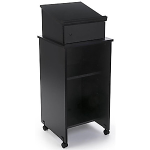Displays2go Black Speaker Lectern, Elevated Reading Surface, Enclosed Storage Area, Melamine MDF – Black (LCTTBLRBKD)