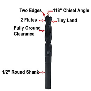 MAXTOOL 47/64" Silver and Deming Drill Bits HSS M2 S & D Drill Bits Prentice Twist Drills Black Oxide 1/2" Reduced Shank 6" OAL; SD02B00R047
