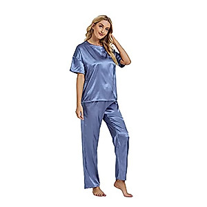LYANER Women's Satin Silk Pajama Set Short Sleeve T-shirt with Pants Set PJ Loungewear Dark Blue X-Small