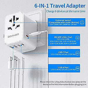Universal Travel Adapter with USB C PD 30W Fast Charging, BOKHOM International Travel Adapter with 3 USB C and 2 USB-A, Dual 10A Fuses Travel Adapter Worldwide Travel Charger for EU UK US AU